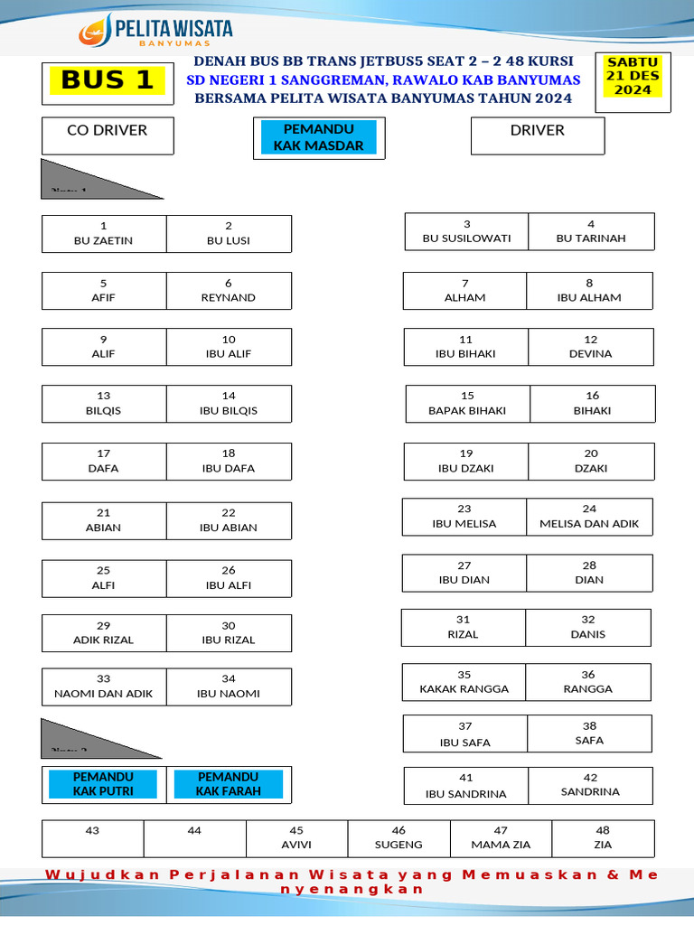 Denah Kursi Bus Wisata Banyumas 2024 | PDF
