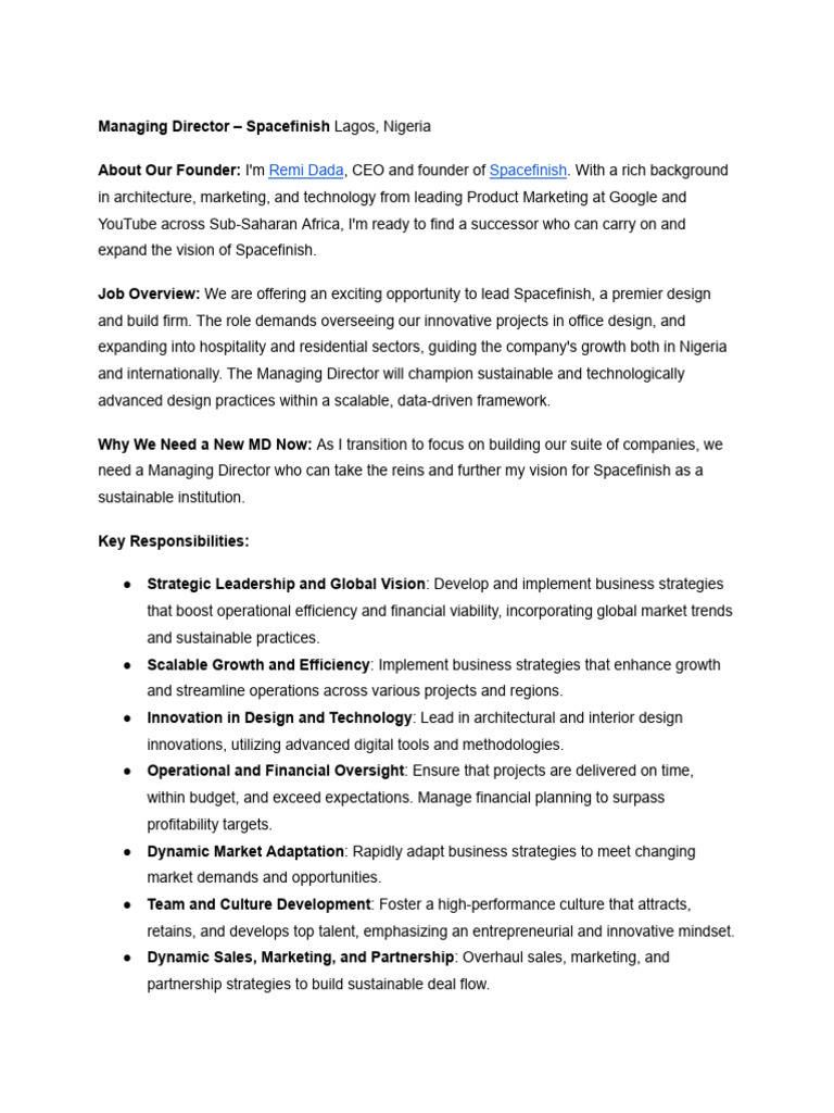 Managing Director Job Description - Spacefinish - June 2024 | PDF ...