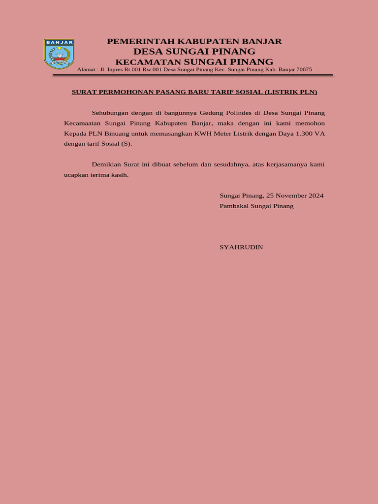 SURAT PERNYATAAN PASANG BARU TARIF SOSIAL Polindes Sungai Pinang | PDF