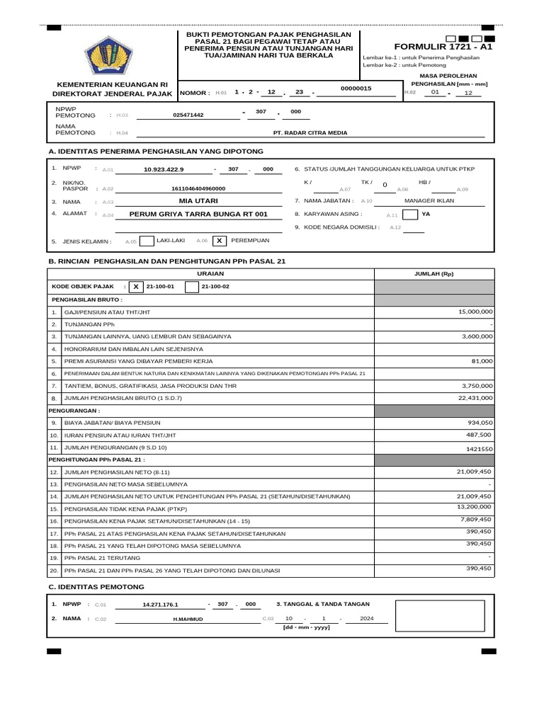 Contoh Formulir Bukti Potong PPh 21 | PDF