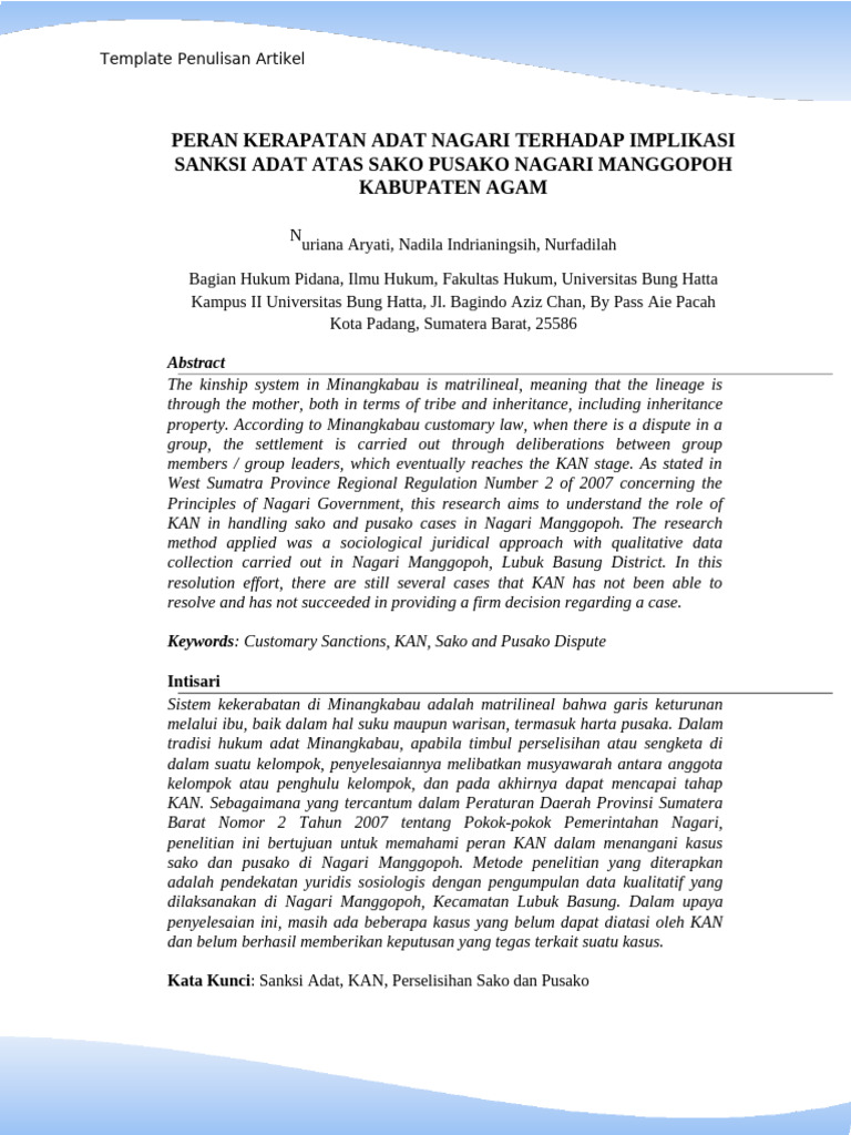 Peran Kerapatan Adat Nagari Terhadap Implikasi Sanksi Adat Atas Sako Pusako Nagari Manggopoh ...