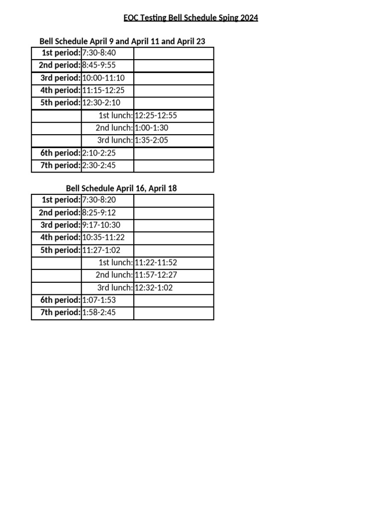 EOC Bell Schedule 2024 4 | PDF