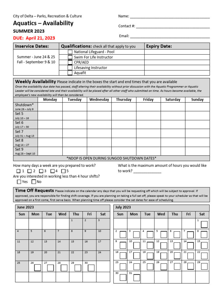 Fillable Availability Form - NORTH | PDF