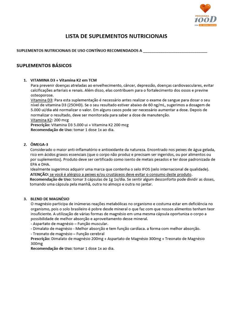 Lista de Suplementos | PDF | Vitamina D | Vitamina