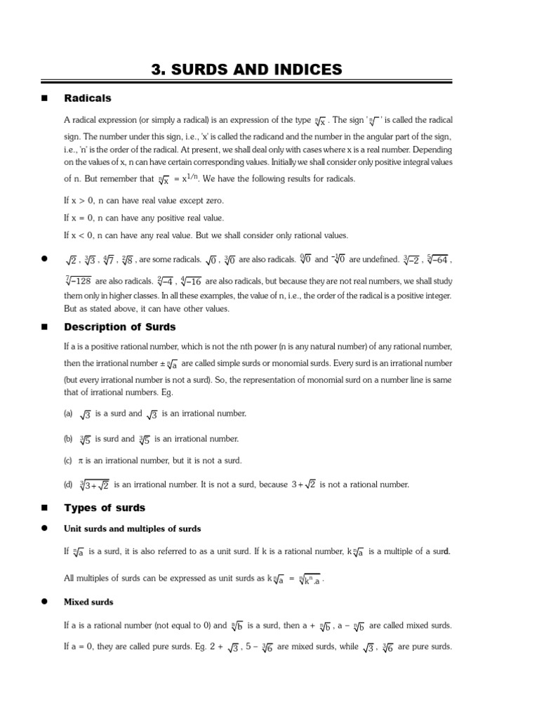 Surds and Indices: Concepts and Exercises | PDF