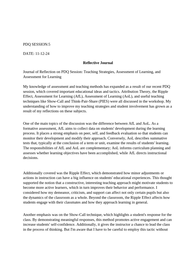 Reflection Journal On PDQ Session | PDF | Educational Assessment | Learning