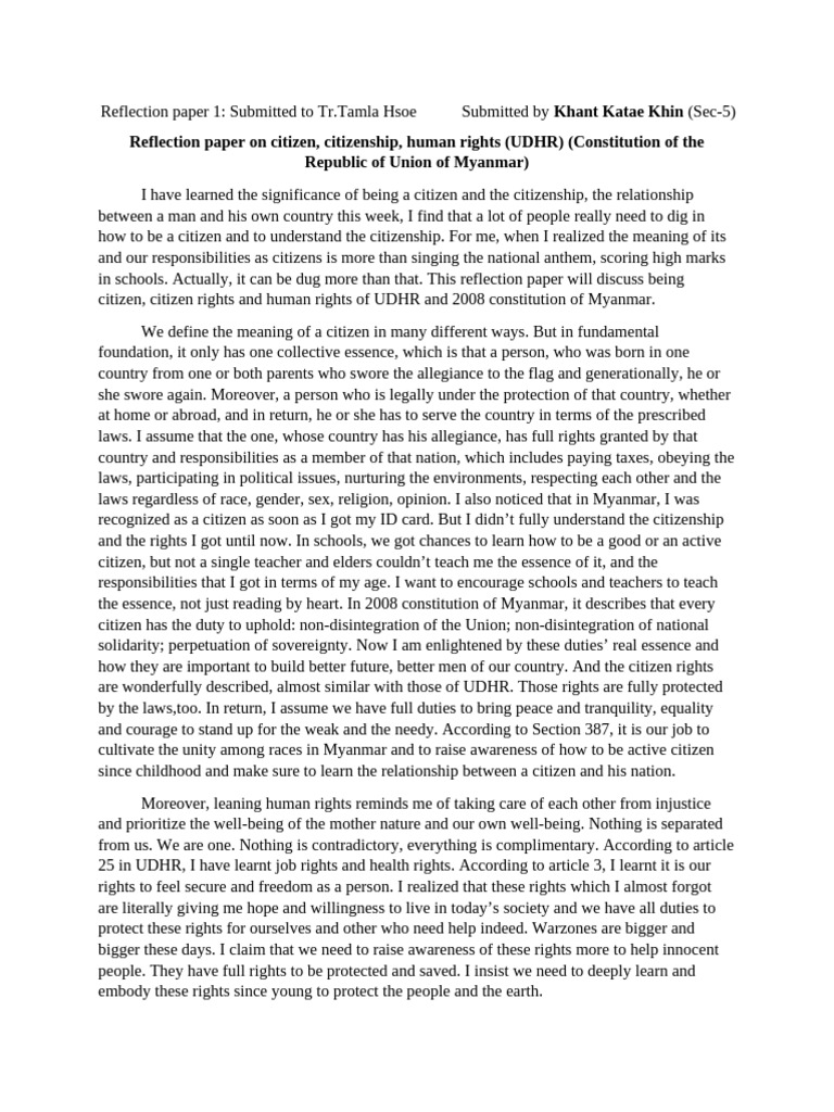Reflection Paper On Citizen, Citizenship, Human Rights (UDHR) (Constitution of The Republic of ...