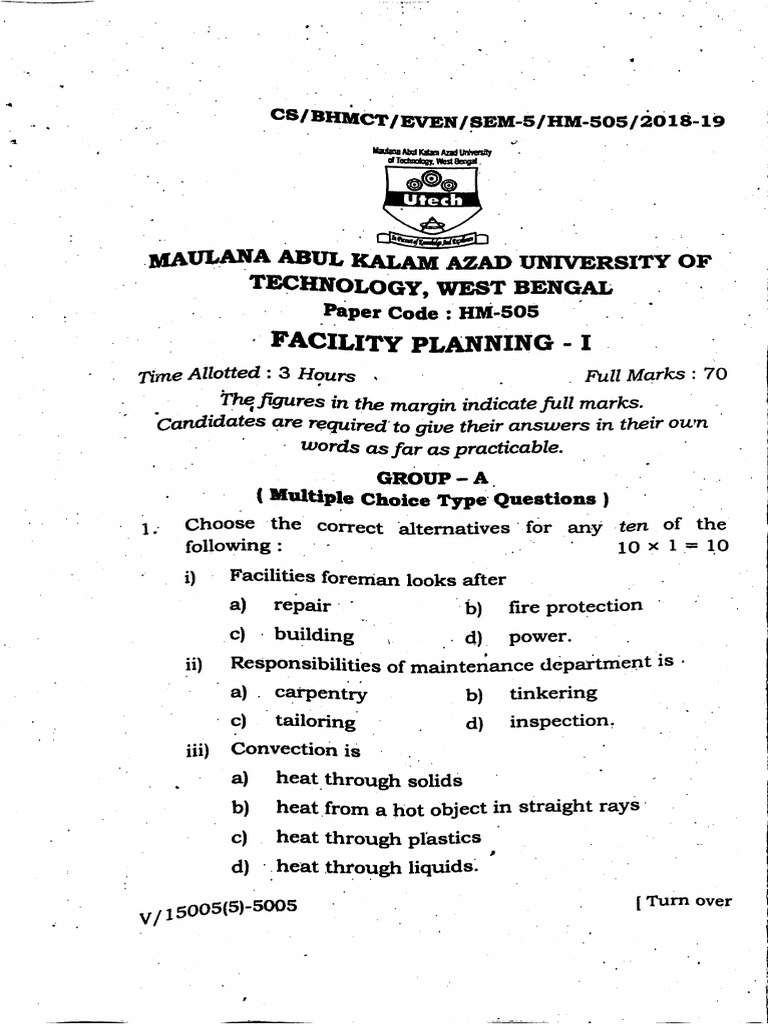 BHMCT Question Paper HM505 Facility Planning | PDF