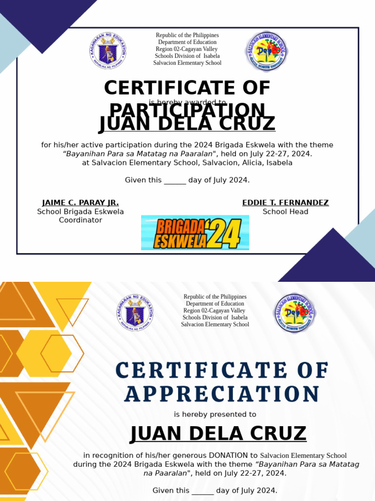 Certificate of Participation - Brigada Eskwela | PDF
