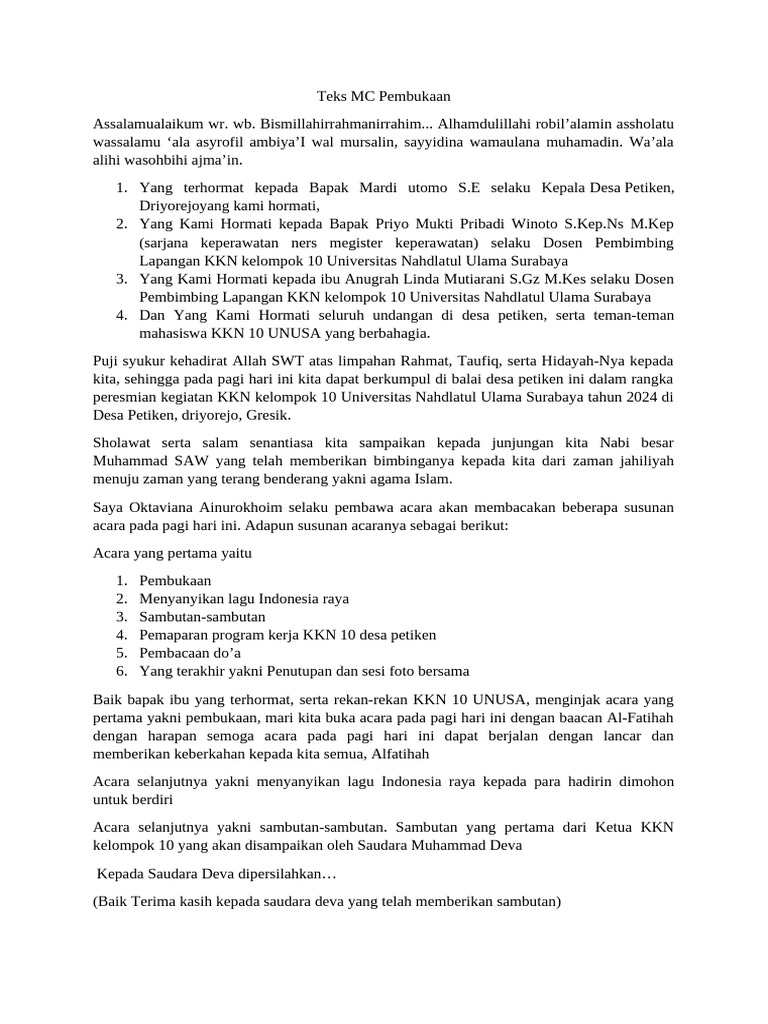 Teks MC Pembukaan KKN | PDF