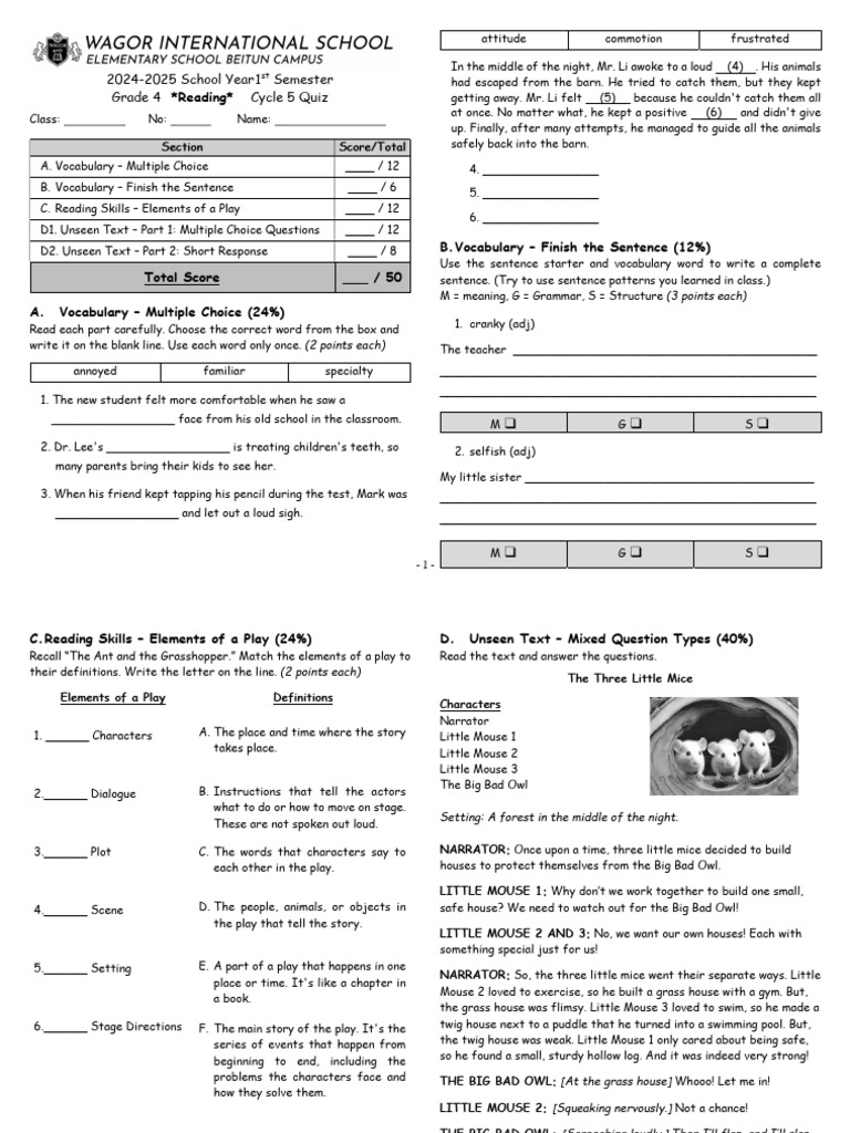 G4 Reading 113-1 Cycle 5 Quiz 11212024 | PDF | Mouse