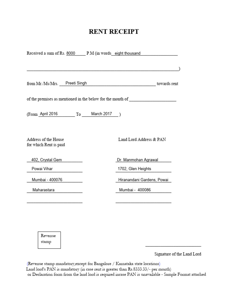 Rent Receipt Template with Revenue Stamp | PDF