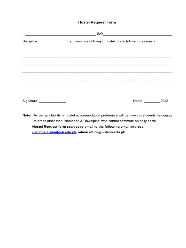 Hostel Accommodation Request Form | PDF