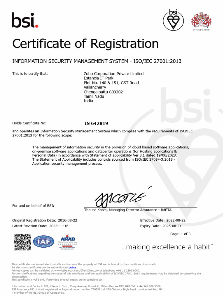 Zoho ISO/IEC 27001 Certification | PDF