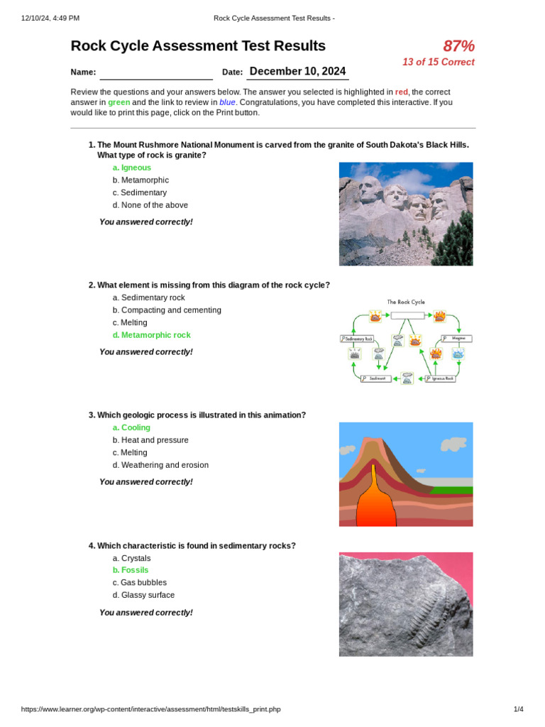 Rock Cycle Assessment Results Summary | PDF | Rock (Geology) | Igneous Rock