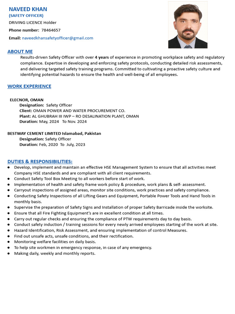 Mr.NAVEED - CV - HSE Officer.docx | PDF | Occupational Safety And Health | Safety