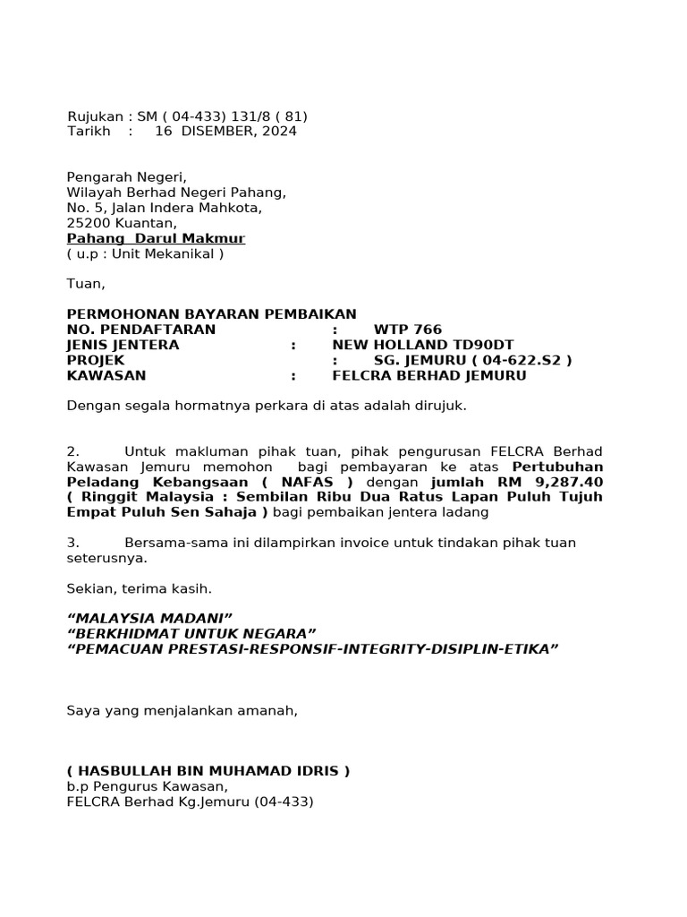 Memo Kelulusan Sewaan Back Hoe Tahun 2024 | PDF