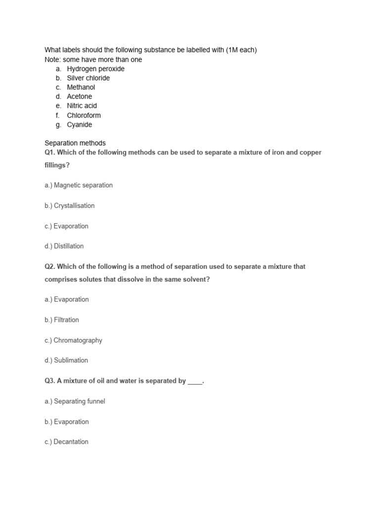 F3 Chemistry ch.1 Quiz Practice | PDF | Distillation | Mixture