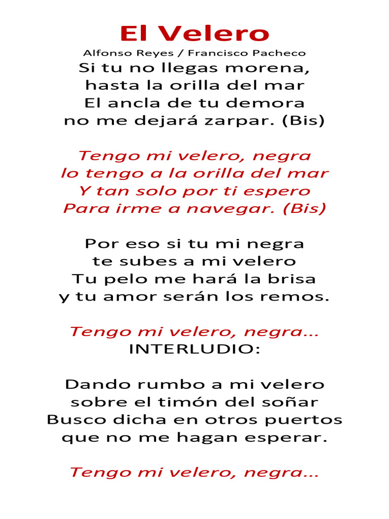 Letras y Rimas de "Mi Velero" | PDF