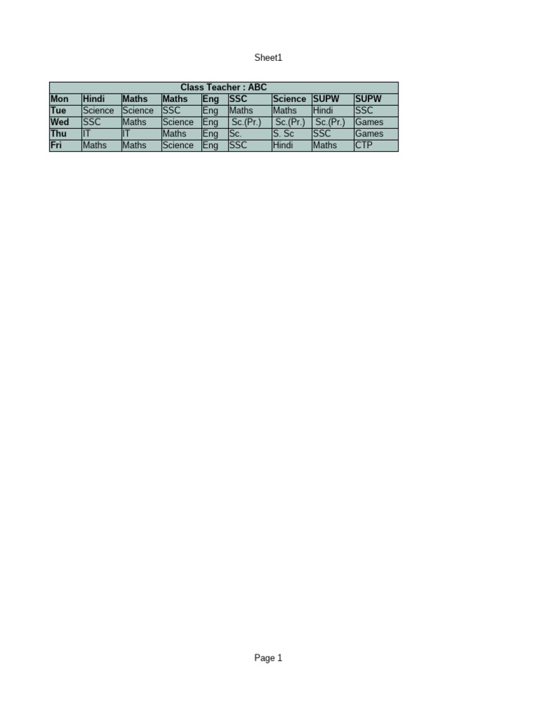 Sheet1: Class Teacher: ABC Mon Hindi Maths Maths Eng SSC Science SUPW Supw Tue Wed Thu Fri | PDF