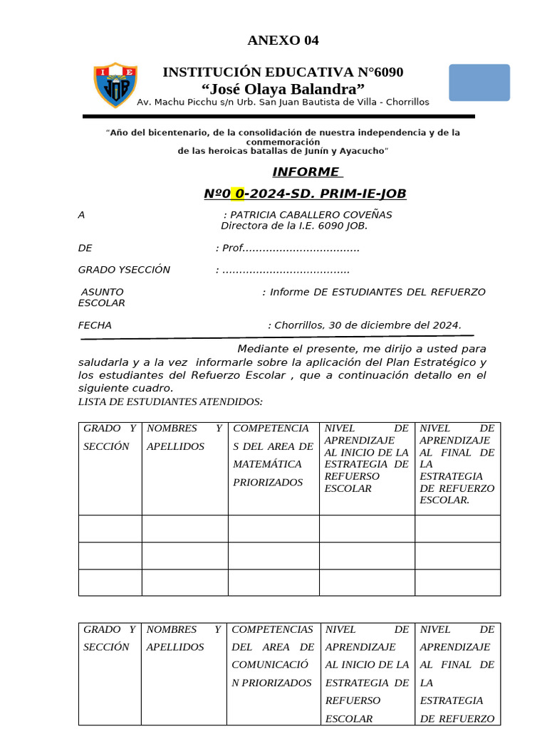 FORMATO 02 INFORME DE ESTUDIANTES de REFUERZO ESCOLAR-2024 | PDF ...