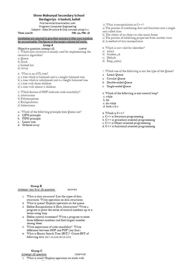 DSA & OOP First Terms 2081 | PDF | Object Oriented Programming | C++