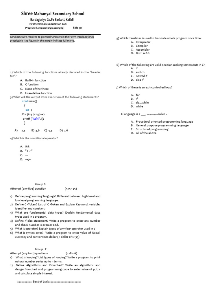 First Terminal Examination 2080 | PDF | C (Programming Language) | Software Development