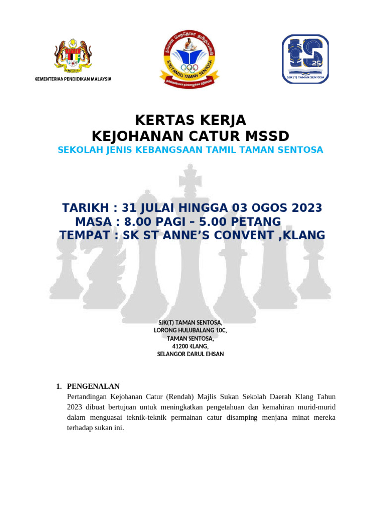 Kertas Kerja Pertandingan MSSD Catur 2023 | PDF