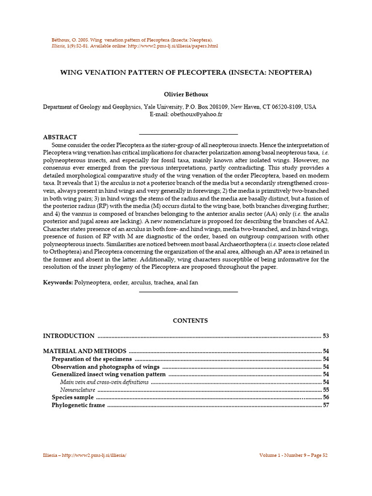 Wing Venation Pattern of Plecoptera (Insecta, Neoptera) | PDF | Hexapoda | Insects