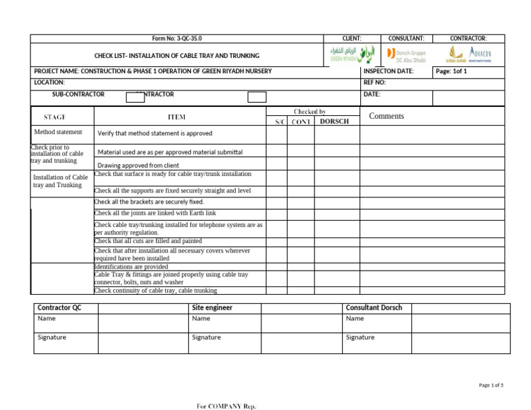 Checklist-Cable Tray or Trunking Installation | PDF