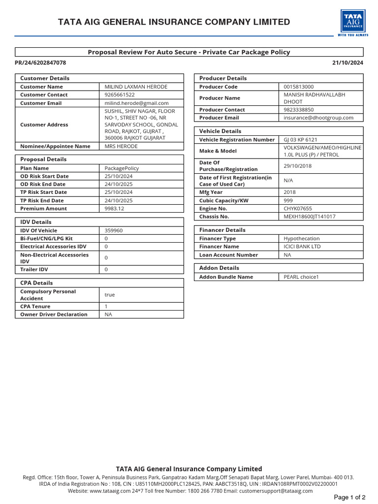 Tata AIG Motor Review Proposal 3184 PR 24 6202847078 | PDF | Insurance ...