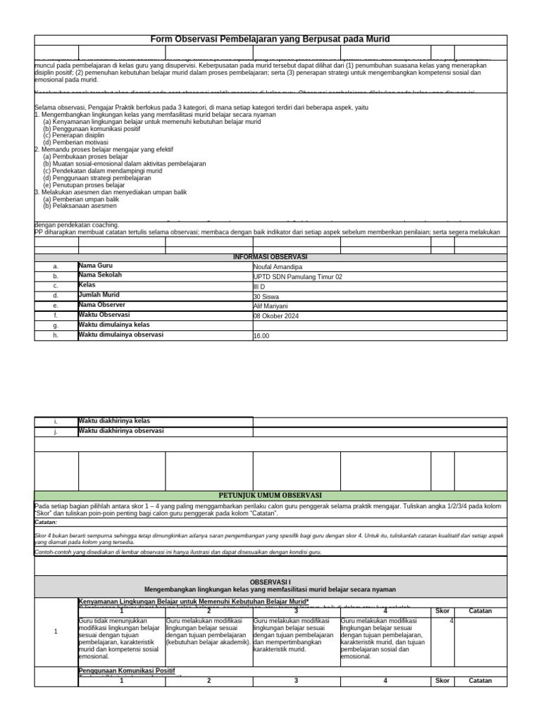 Noufal Arnandipa_Instrumen Observasi Praktik Mengajar | PDF