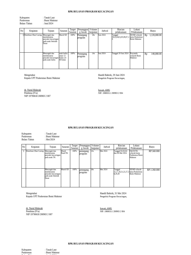 RPK Bulanan KECACINGAN | PDF