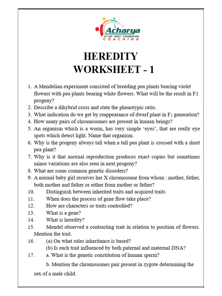 HEREDITY - WORKSHEET 1 | PDF | Heredity | Genetics