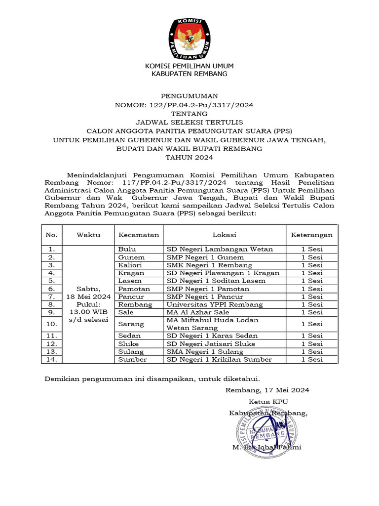 Pengumuman Jadwal Seleksi Anggota PPS | PDF