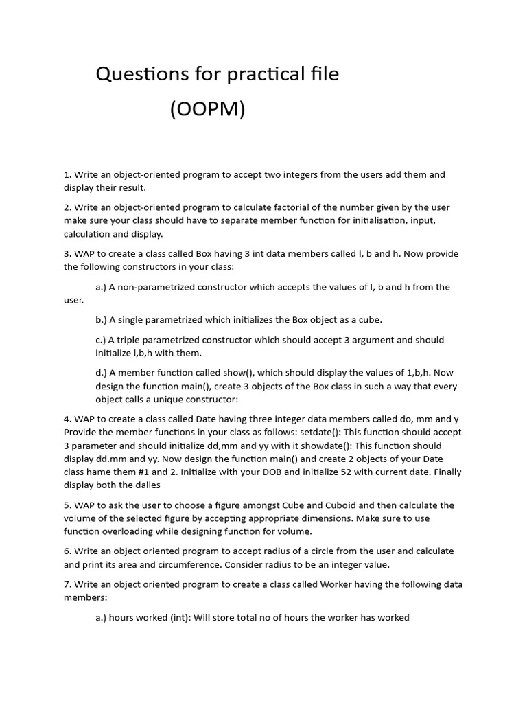 OOPM Practical Questions | PDF | Method (Computer Programming) | Constructor (Object Oriented ...