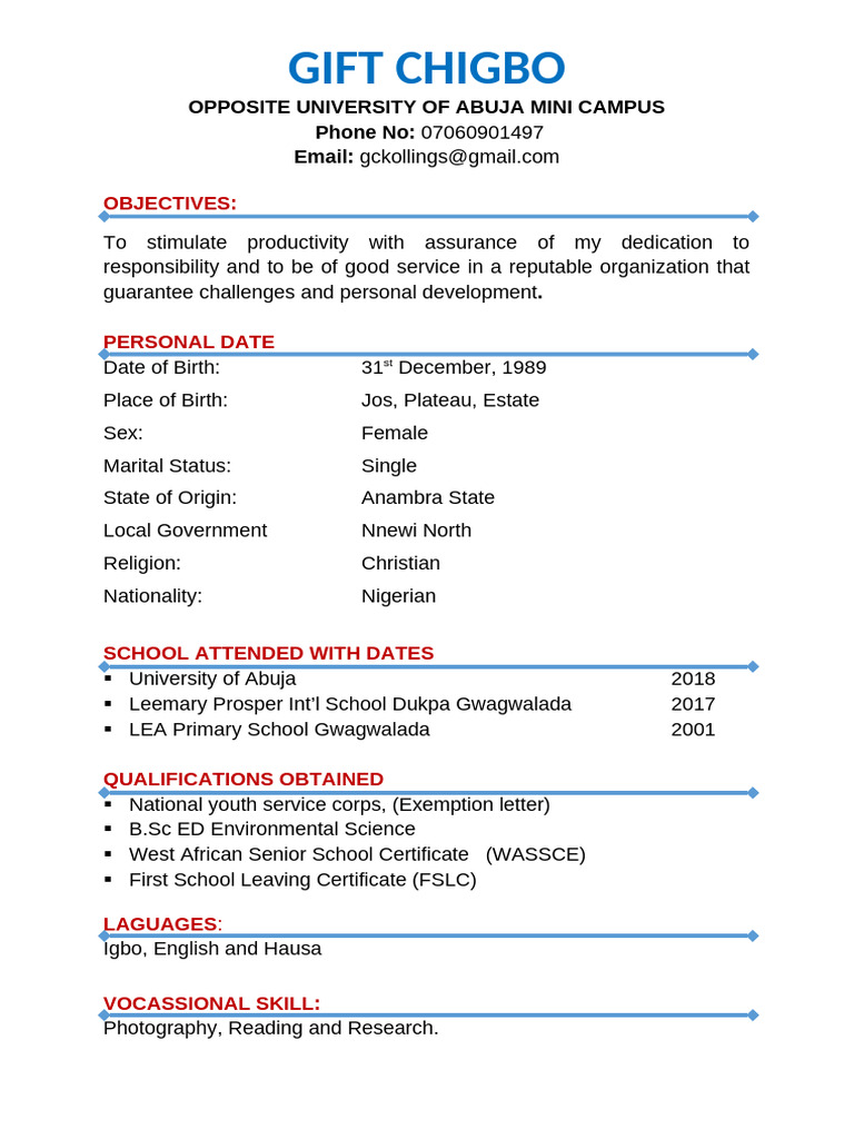 Gift Chigbo: Objectives | PDF