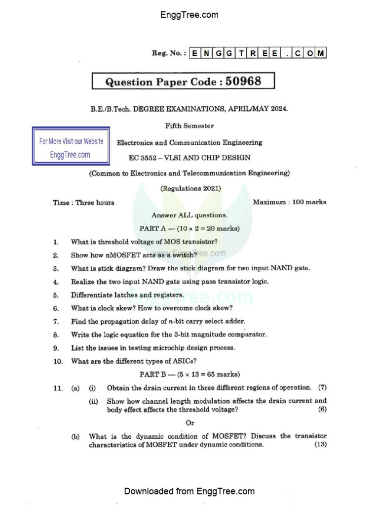 EC3552 VLSI and Chip Design Apr May 2024 Question Paper Download | PDF
