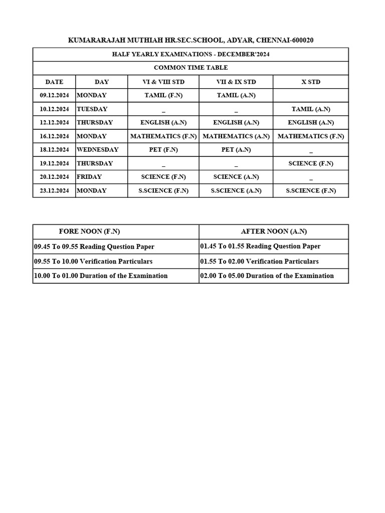 Half Yearly Time Table | PDF