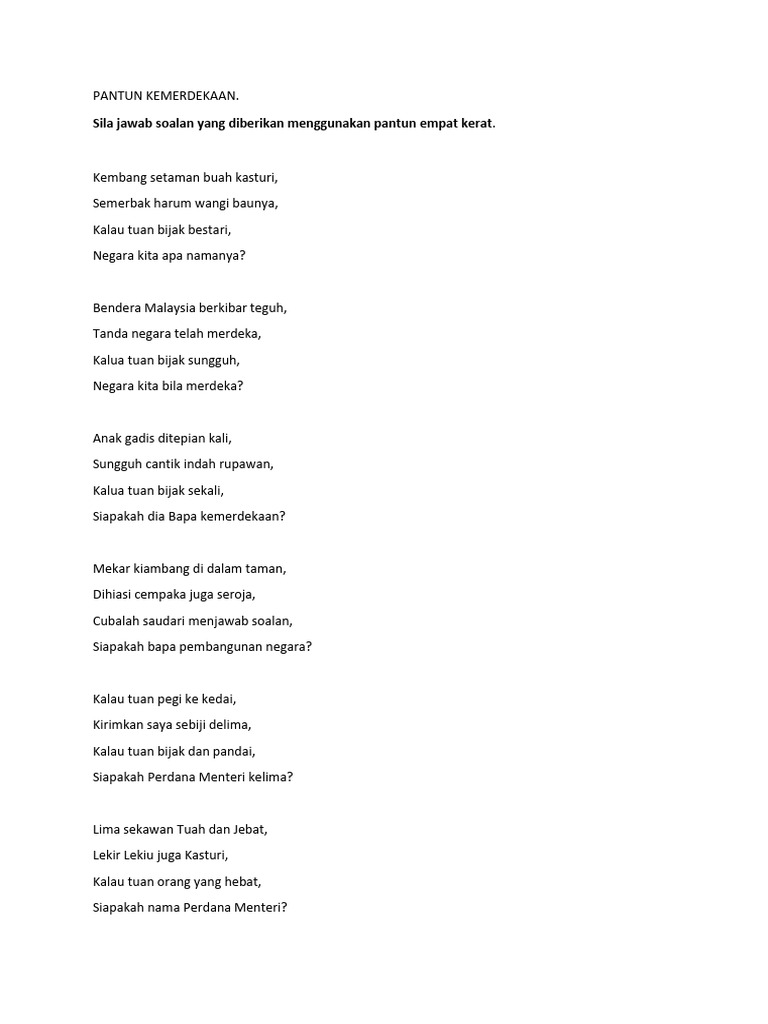 Pantun Kemerdekaan Malaysia Kreatif | PDF