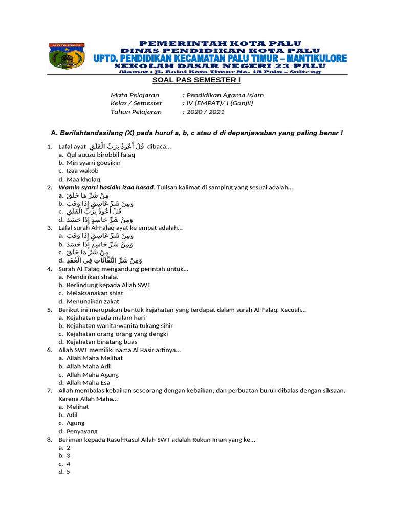 Soal PAI Kelas 4 Semester 1 | PDF