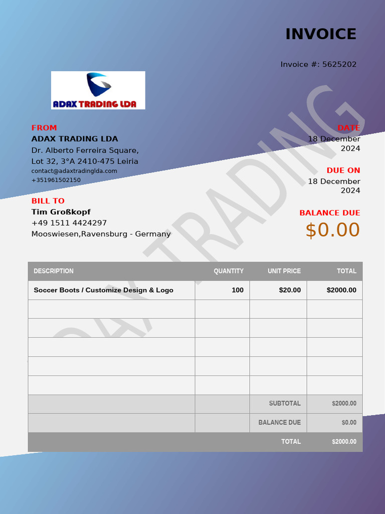 Invoice 5625202 (Soccer Boots) | PDF