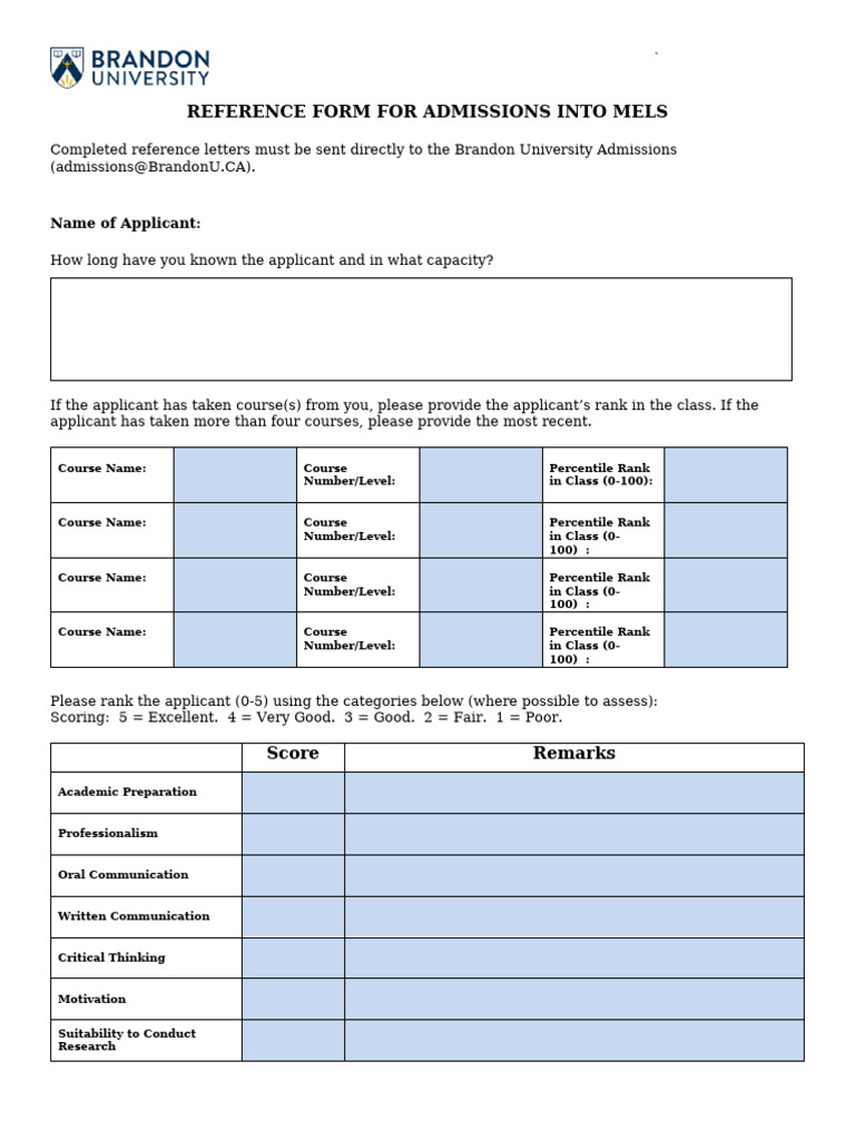 MELS Admissions Reference Form | PDF