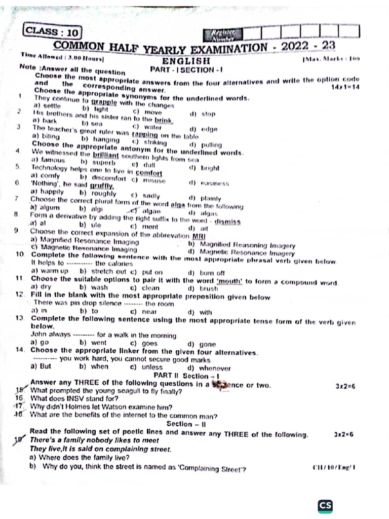 10th English Half Yearly Exam 2022 Original Question Paper Chennai ...