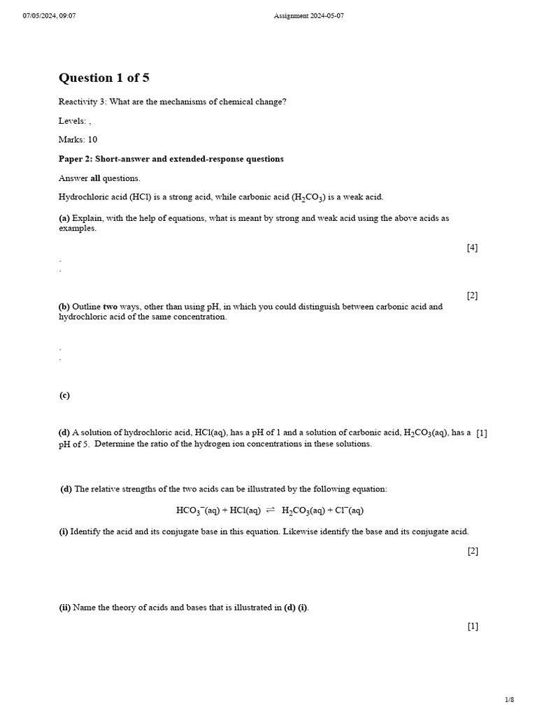 Kognity Acids and Base Worksheet | PDF | Acid | Ph