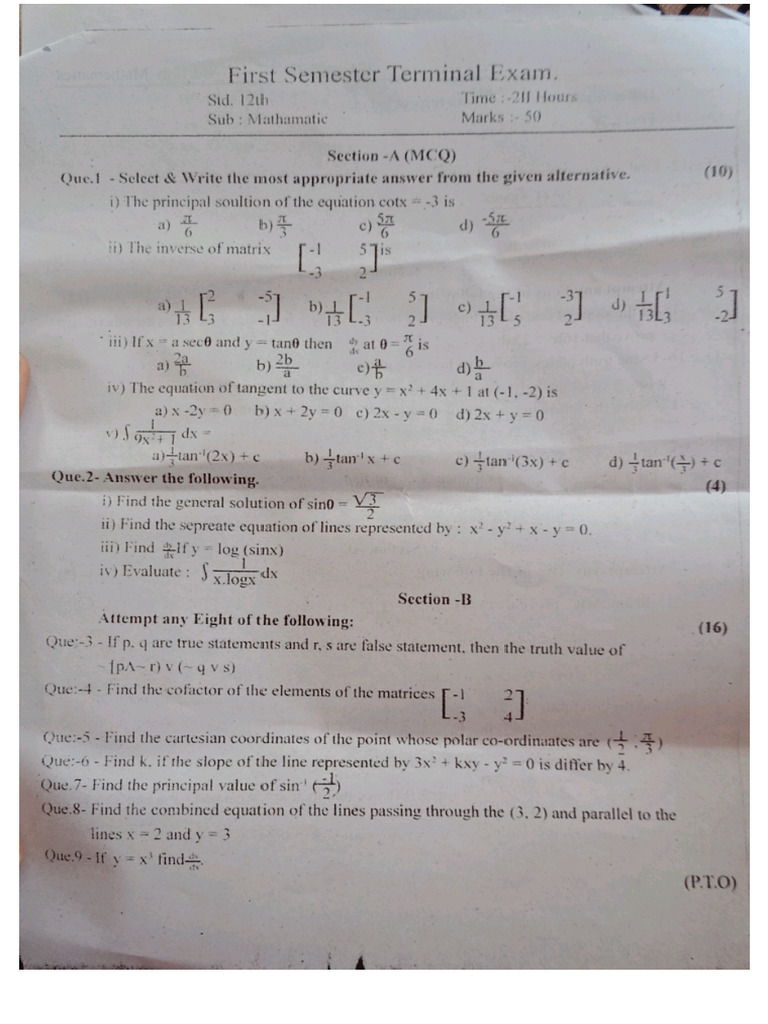 12th Mathematics First Term Paper | PDF