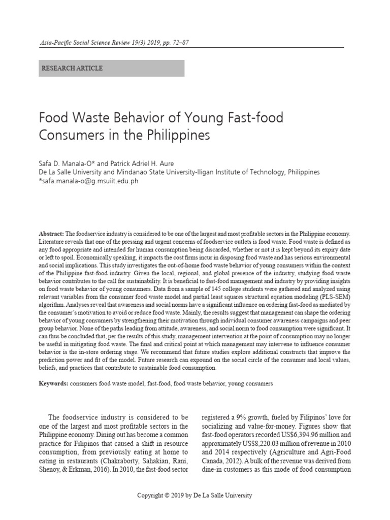 7 Food Waste Behavior of Young Fast Food Consumers in The Philippines ...