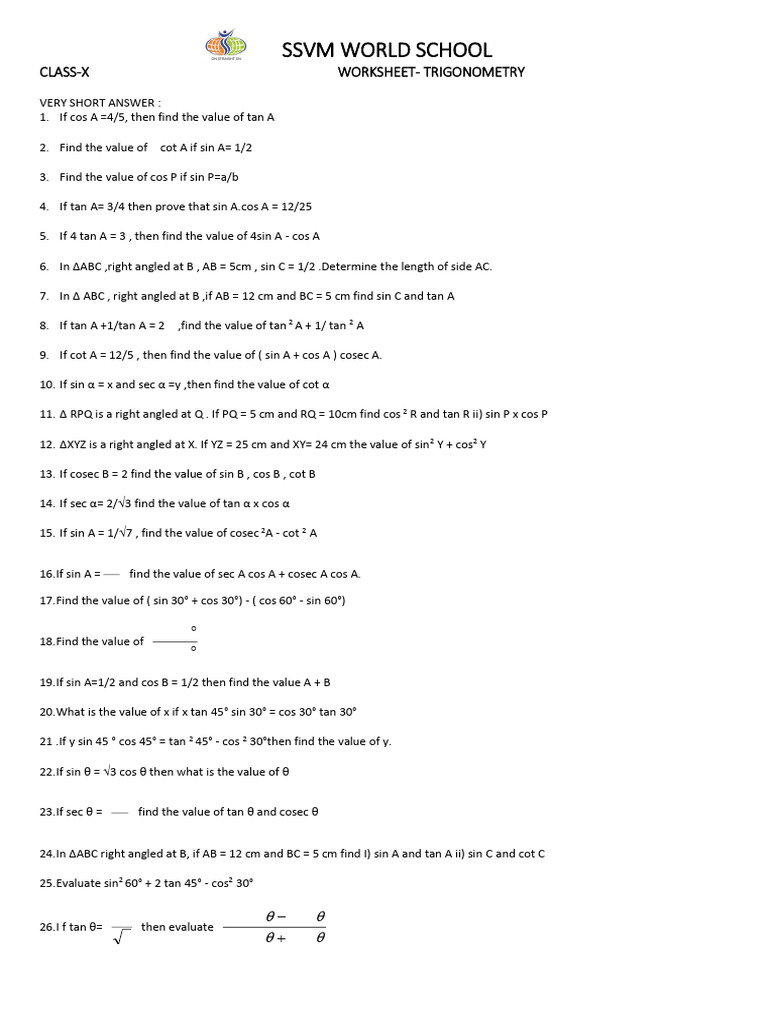 Trigonometry ws | PDF | Trigonometric Functions | Triangle