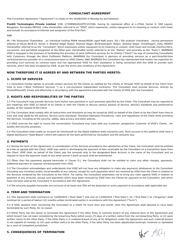 ShreyanshChandrakar CONSULTANT AGREEMENT 64221 | PDF | Indemnity | Arbitration