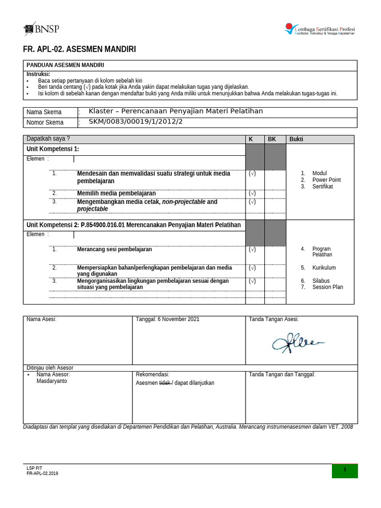 LORES 02. FR. APL-02 ASESMEN MANDIRI - Perencanaan | PDF